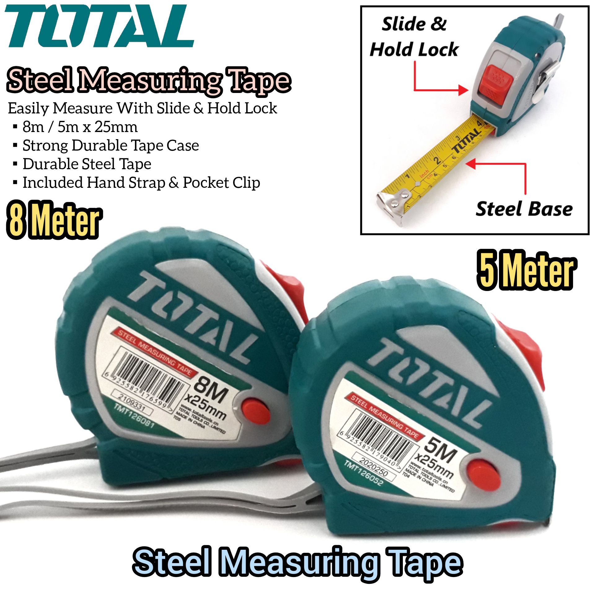 TOTAL 8M/5M X 25MM STEEL MEASURING TAPE
