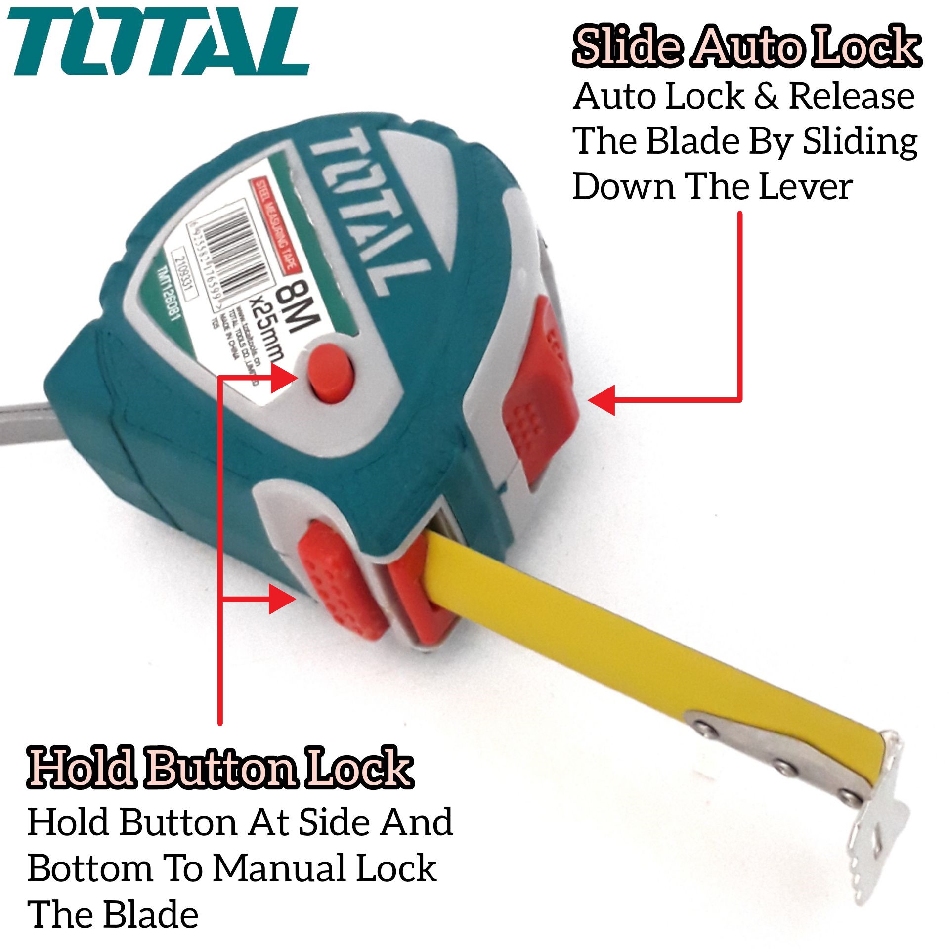 TOTAL 8M/5M X 25MM STEEL MEASURING TAPE