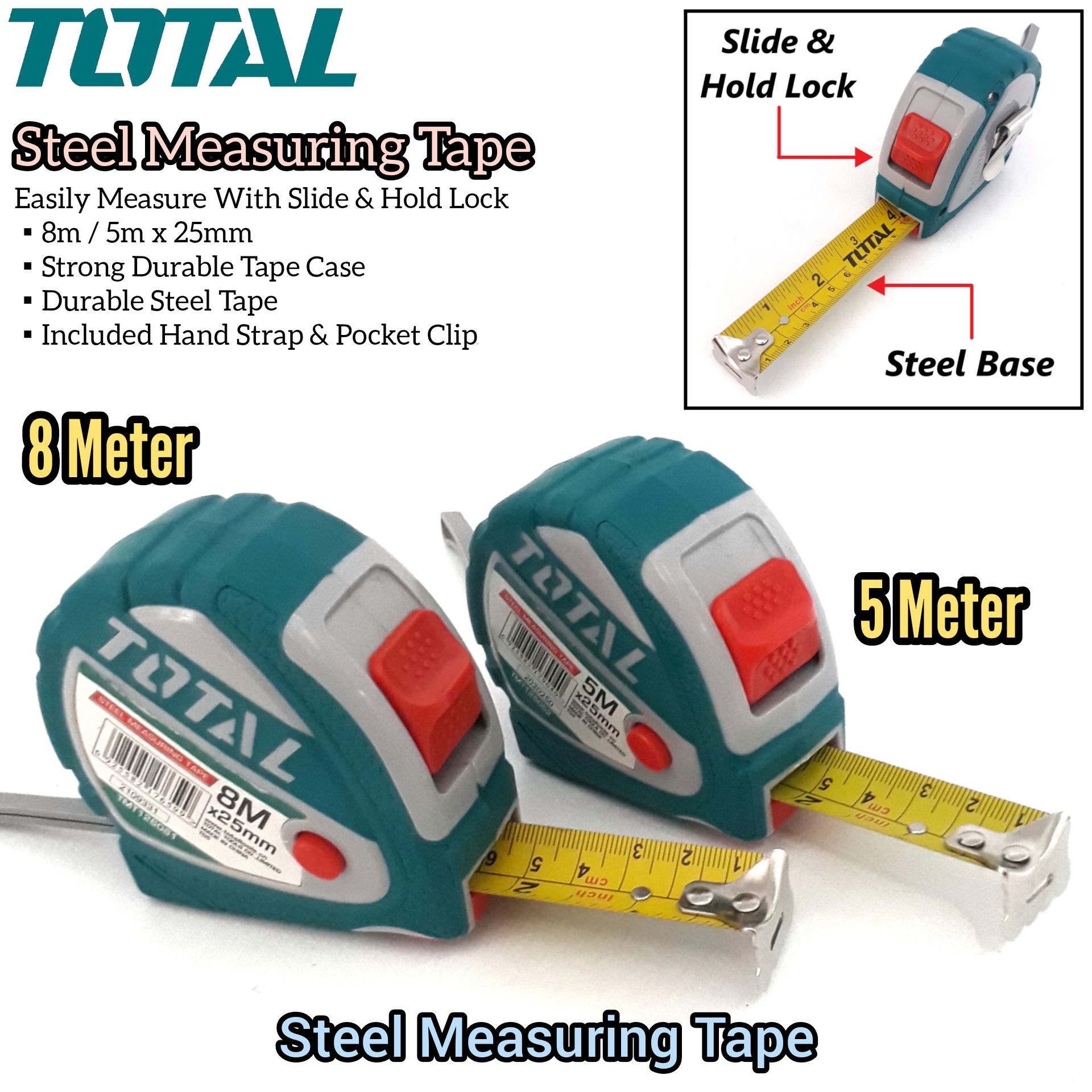 TOTAL 8M/5M X 25MM STEEL MEASURING TAPE