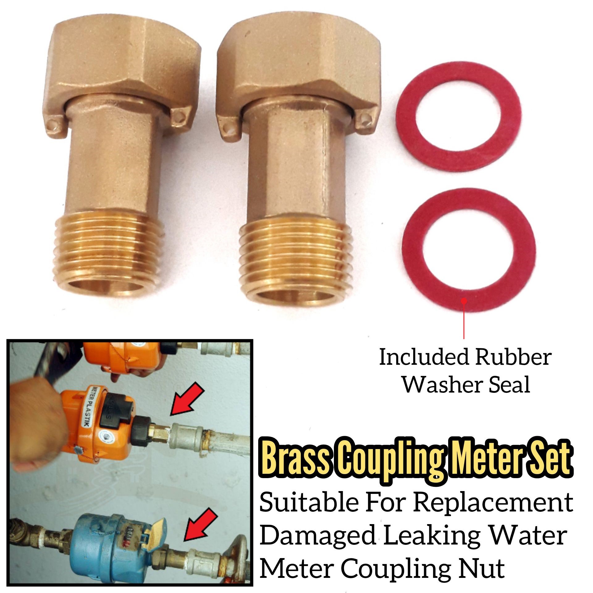 BRASS METER COUPLING SET FOR WATER METER FITTING NUT COUPLING